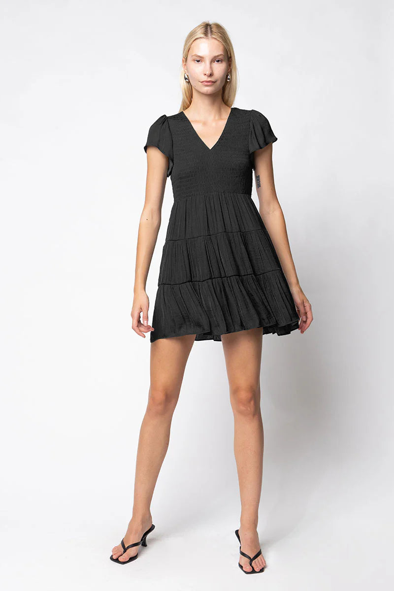 Short Sleeve Smocked Tiered Dress Black — Distinctively Hers