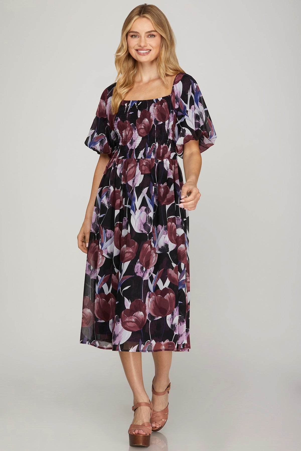Puff Sleeve Smocked Top Floral Print Midi Dress — Distinctively Hers